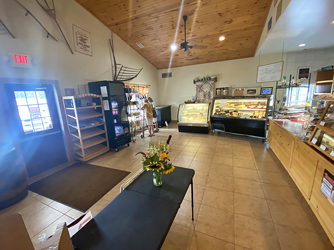 Step inside and witness baking paradise. The wooden ceiling, display cases, and sunflower bouquet create that "I've found my happy place" atmosphere we all search for.
