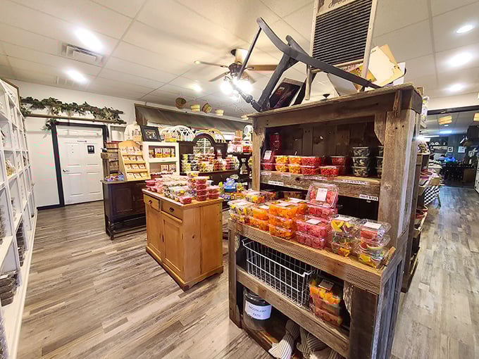 Step inside and feel time slow down. The wooden shelves and rustic displays aren't trendy design choices&mdash;they're authentic pieces of Amish tradition.