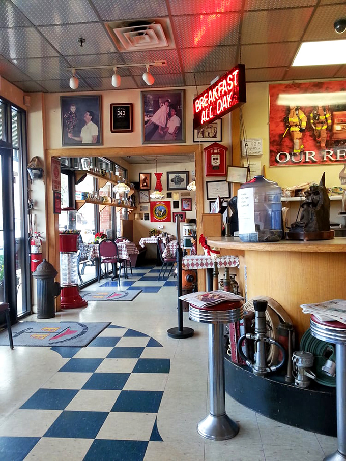 Step inside and the firefighter memorabilia tells you this isn't just any diner—it's a community cornerstone where Raleigh's history hangs on the walls alongside that "Breakfast All Day" promise.