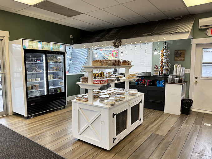 Inside, farmhouse chic meets bakery bliss with sage green walls and a white island display that's basically carb real estate.
