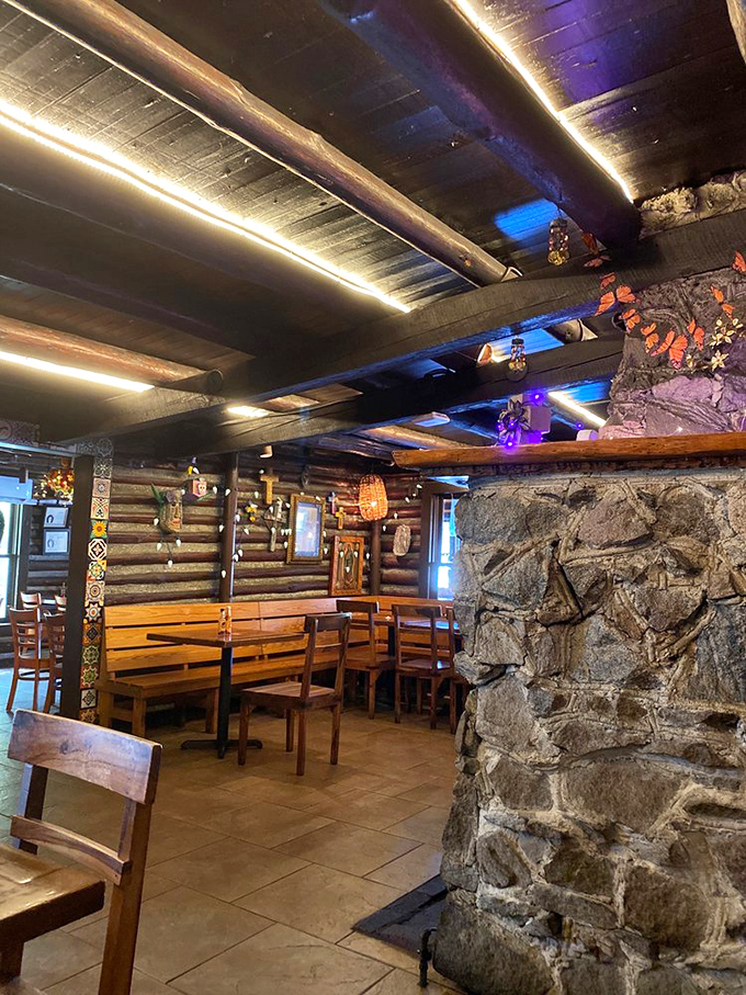 Step inside and you're transported to a rustic mountain lodge that fell in love with Mexico. Those stone walls and wooden beams tell stories.