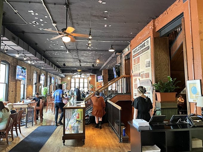 Inside, wooden floors and exposed brick create that perfect "third place" ambience&mdash;somewhere between your living room and that cool friend's loft you're always envious of.