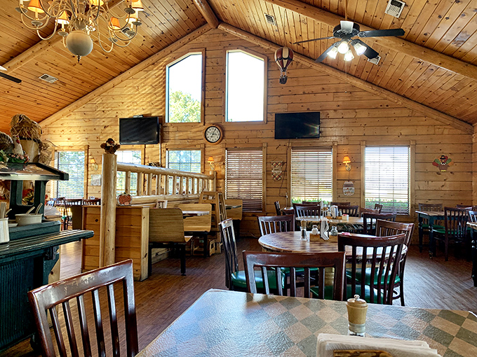 Cathedral ceilings and all-wood everything create the perfect backdrop for serious steak consumption. No designer lighting needed when the food shines this bright.