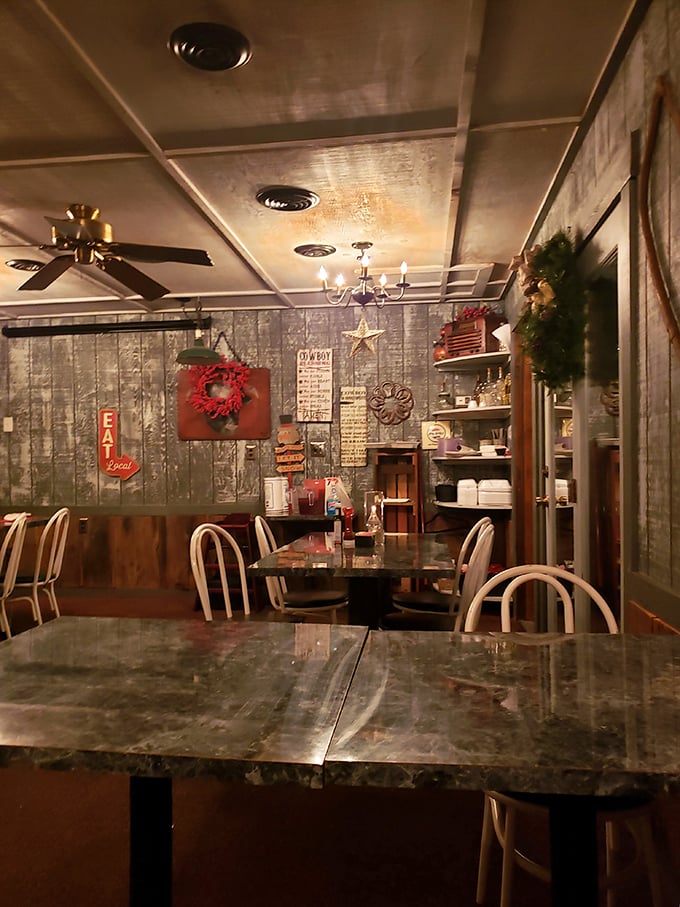 Rustic wooden walls adorned with country charm create the perfect backdrop for serious steak business. Comfort trumps pretense in this meat lover's sanctuary.