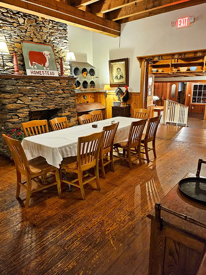 Rustic stone meets warm wood in this dining space where that massive fireplace isn't the only thing bringing the heat.