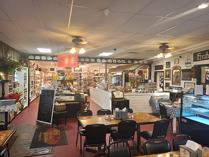 Inside, country charm meets culinary purpose &ndash; shelves of artisanal goods flank cozy dining tables where food memories are made daily.