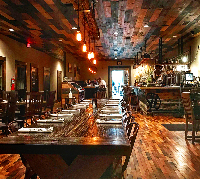 Inside, reclaimed wood ceilings and Edison bulbs create an atmosphere that's both rustic and refined&mdash;like a lumberjack who went to finishing school.