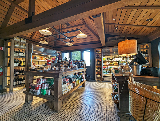Step inside and discover a treasure trove of gourmet goodies. The market section's wooden beams and carefully curated shelves make grocery shopping feel like an adventure.