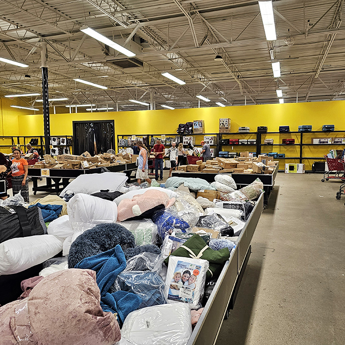 Treasure seekers navigate the vast warehouse where bins overflow with potential finds&mdash;part archaeological dig, part shopping spree.