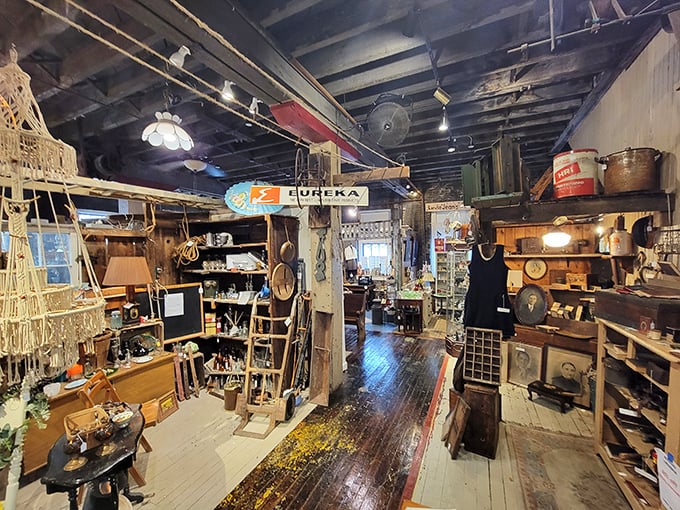 Narrow pathways create a treasure hunter's paradise where vintage license plates hang like medals of honor above shelves brimming with Americana.