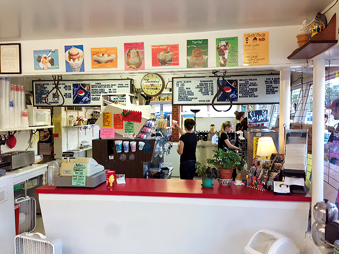 Behind the counter, colorful menu boards showcase decades of ice cream wisdom. This isn't decoration&mdash;it's a roadmap to happiness. 