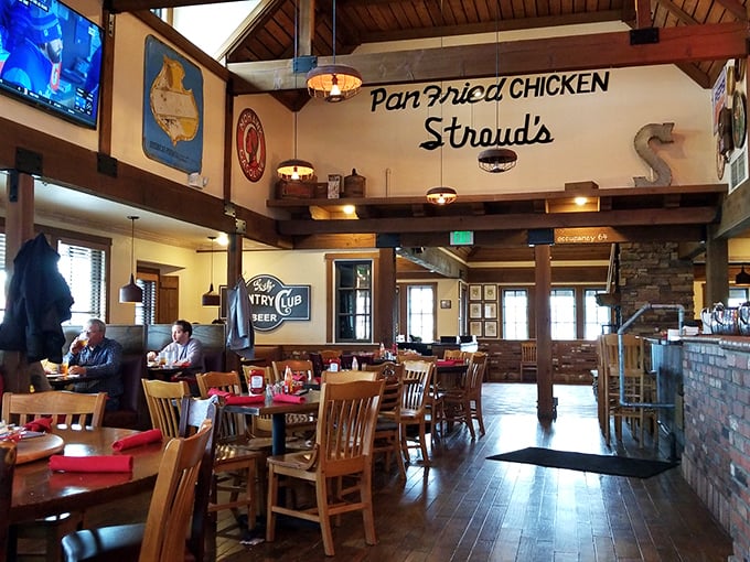 Exposed beams, wooden accents, and that iconic "Pan Fried Chicken" sign – walking in here feels like being wrapped in a warm, crispy hug.