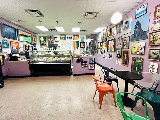 Step inside and you're greeted by pink walls adorned with eclectic artwork - a gallery where the admission fee is simply ordering ice cream.