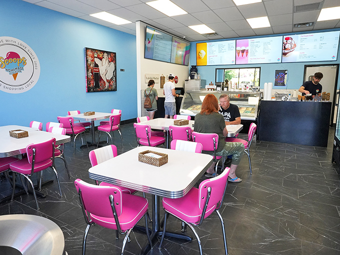 Retro meets modern in Scoops' dining area, where hot pink chairs and blue walls create the perfect backdrop for ice cream euphoria. It's like the 1950s and today had a delicious baby.