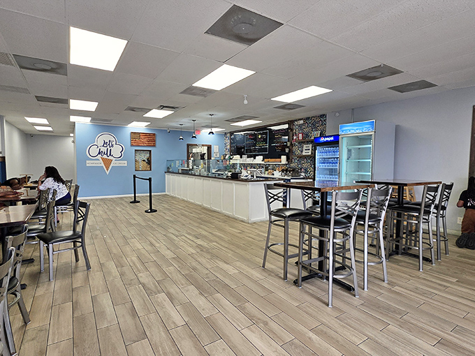 Clean lines, light-filled space, and that signature blue wall create the perfect backdrop for your impending ice cream euphoria.
