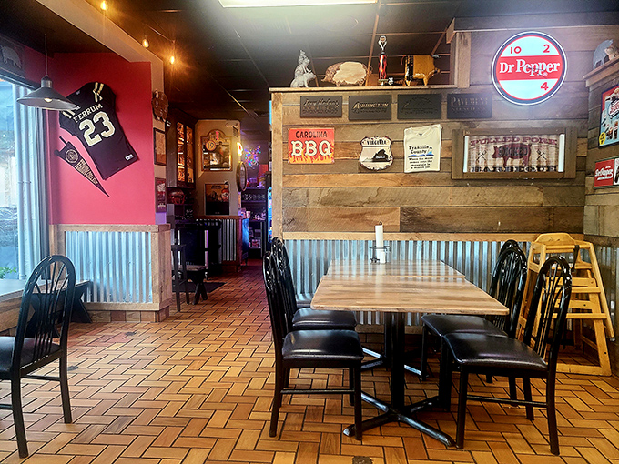 Where sports memorabilia meets rustic charm. This isn't interior design&mdash;it's barbecue authenticity with a side of local personality.