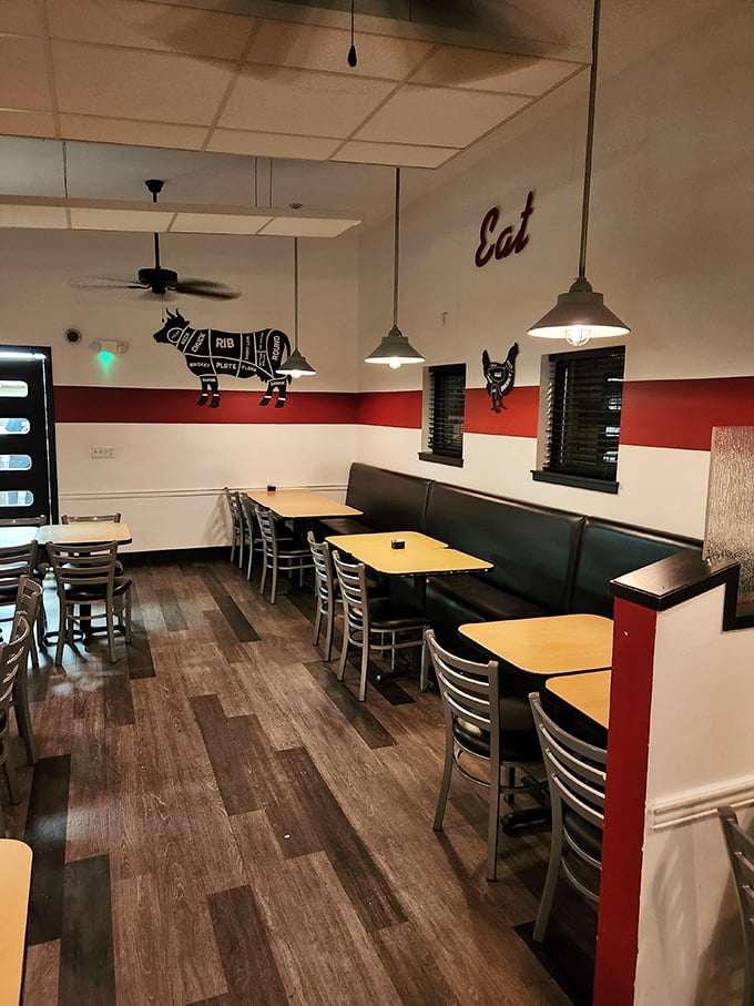 Simple, unpretentious dining space where the butcher diagram on the wall isn't just decor—it's foreshadowing for the meaty delights to come.