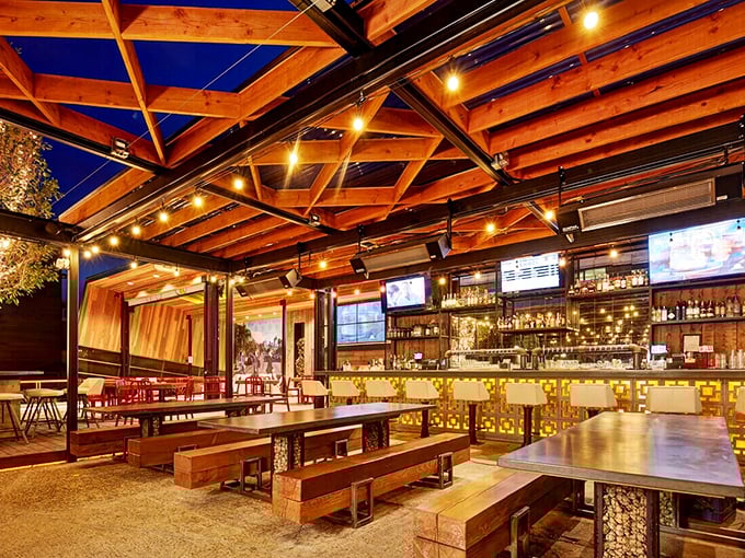 Wooden beams and string lights create the perfect California hangout vibe&mdash;like your coolest friend's backyard, if that friend happened to be a chicken connoisseur.