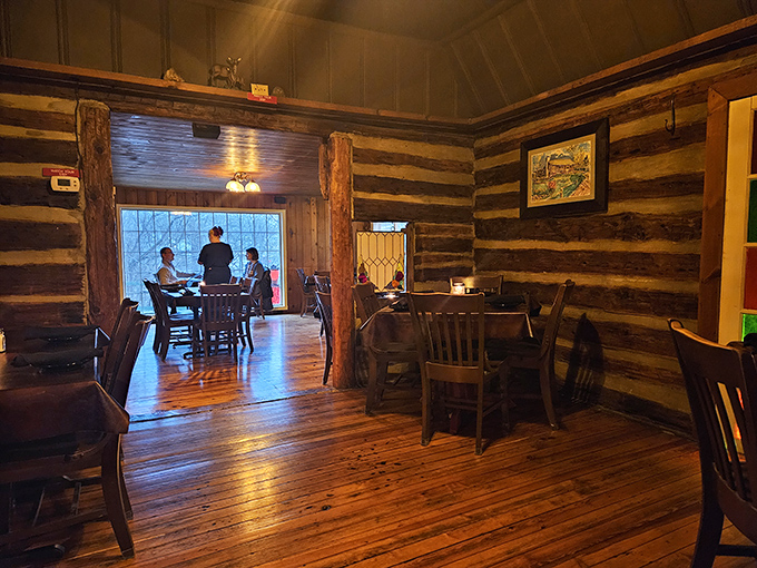 Step into a time machine. The authentic log walls and honey-colored wood floors whisper stories of Ozark history with every footstep.