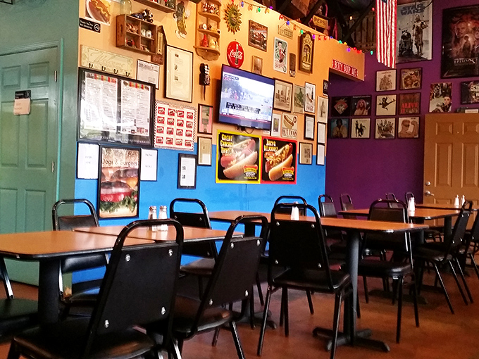 Blue and purple walls showcasing memorabilia create a museum of hot dog history. It's like dining inside a scrapbook dedicated to America's favorite handheld meal.