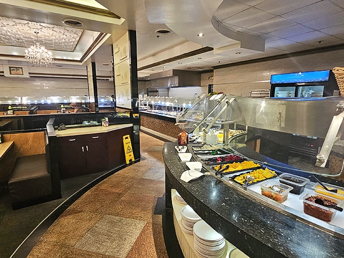 Crystal chandeliers and elegant serving stations set the stage for your impending food marathon. Pace yourself&mdash;this is buffet big leagues.