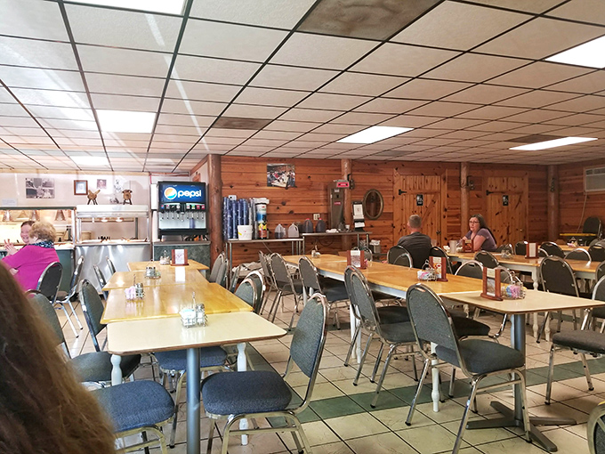 Wood-paneled walls and no-nonsense seating tell you everything you need to know—this place prioritizes what's on your plate, not underneath it.