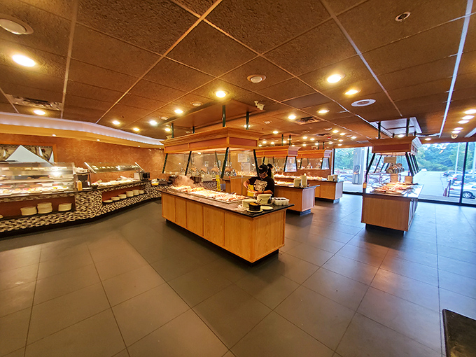 Buffet stations stretch into the horizon like a food lover's yellow brick road. The journey of a thousand bites begins with a single plate.