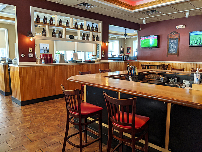 Inside, warm wood tones and a well-stocked bar create that perfect "Cheers" vibe where everybody might not know your name&mdash;yet.