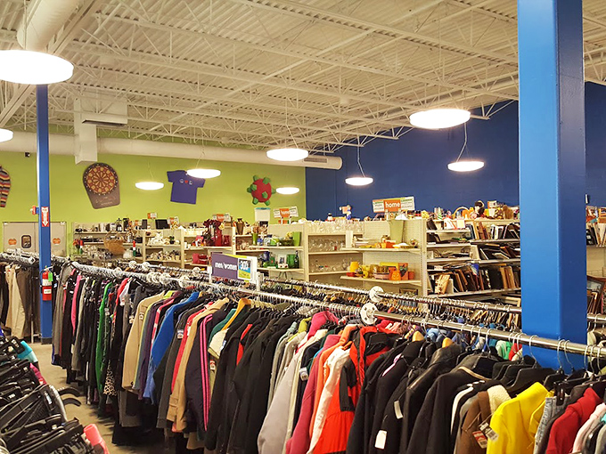 Rows upon rows of neatly organized clothing create a kaleidoscope of possibilities. Like a textile library, each aisle tells a different fashion story. 