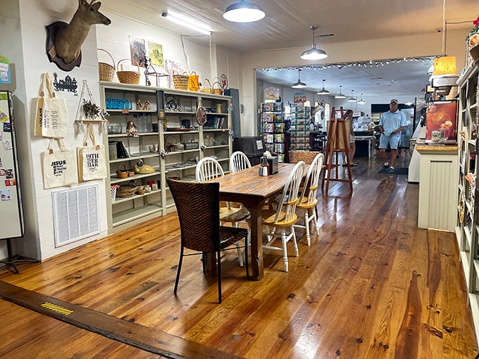 Rustic wooden floors, community tables, and a mounted deer head watching over diners&mdash;this isn't d&eacute;cor by design, it's authenticity by existence.