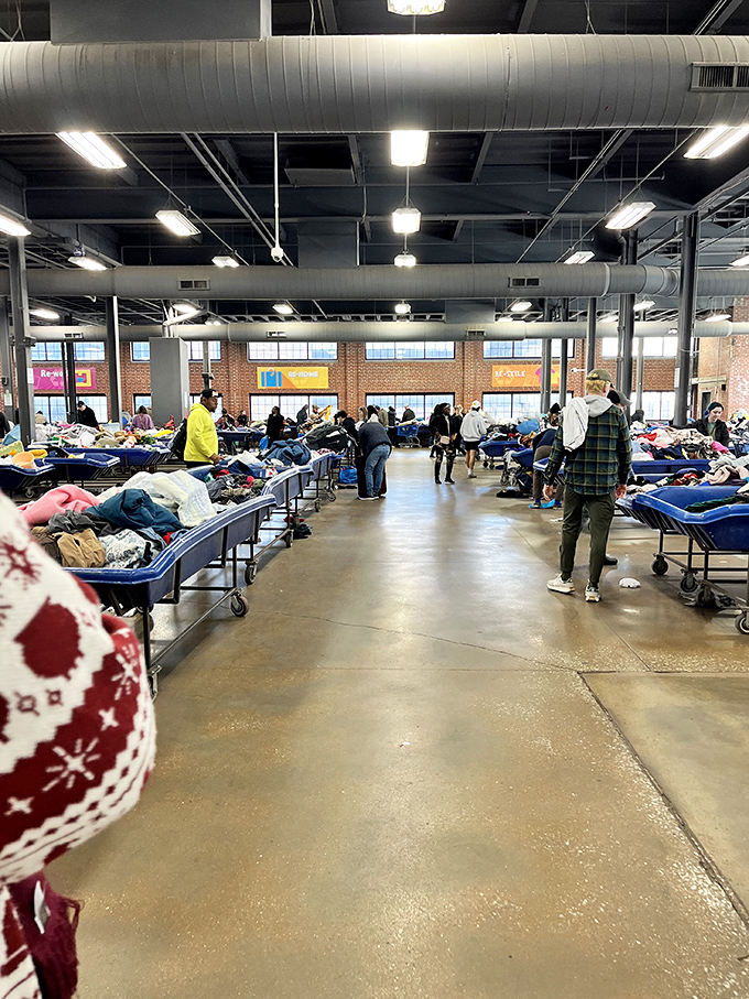 Blue bins stretch as far as the eye can see, creating an archaeological dig site for modern treasures rather than ancient artifacts.