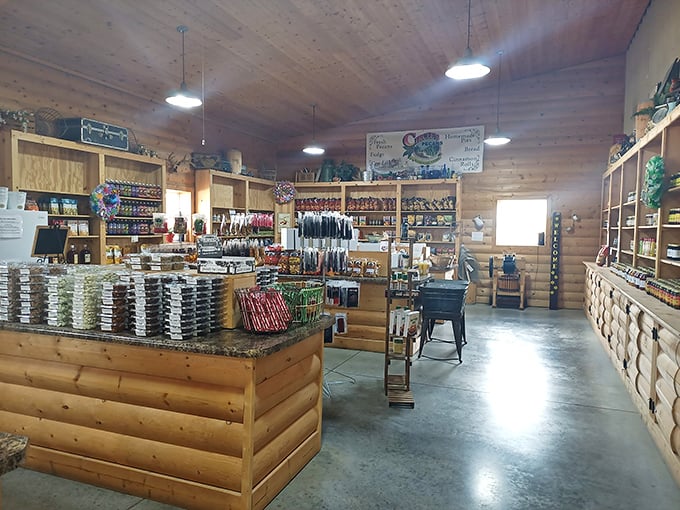 Step inside and the warm wood interior wraps around you like a hug from your favorite aunt. Every shelf tells a story of Kansas craftsmanship and flavor.