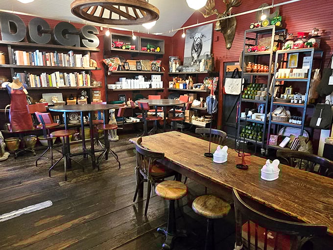 Inside, time slows down among weathered wooden tables, vintage memorabilia, and shelves stocked with treasures. The wagon wheel chandelier isn't decorative&mdash;it's autobiographical.