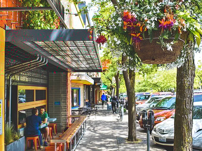 Sidewalk dining under hanging flower baskets &ndash; where the Pacific Northwest's famously good weather isn't just a myth, it's lunch policy.