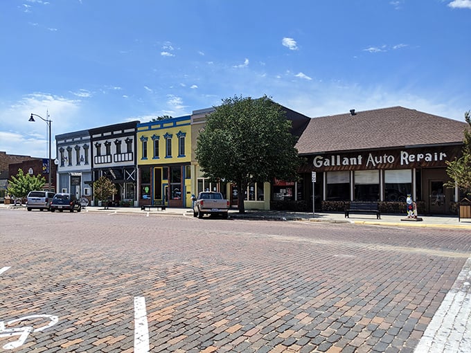 Colorful storefronts stand like sentinels of Swedish heritage, where even the brick pavement seems to have stories to tell.