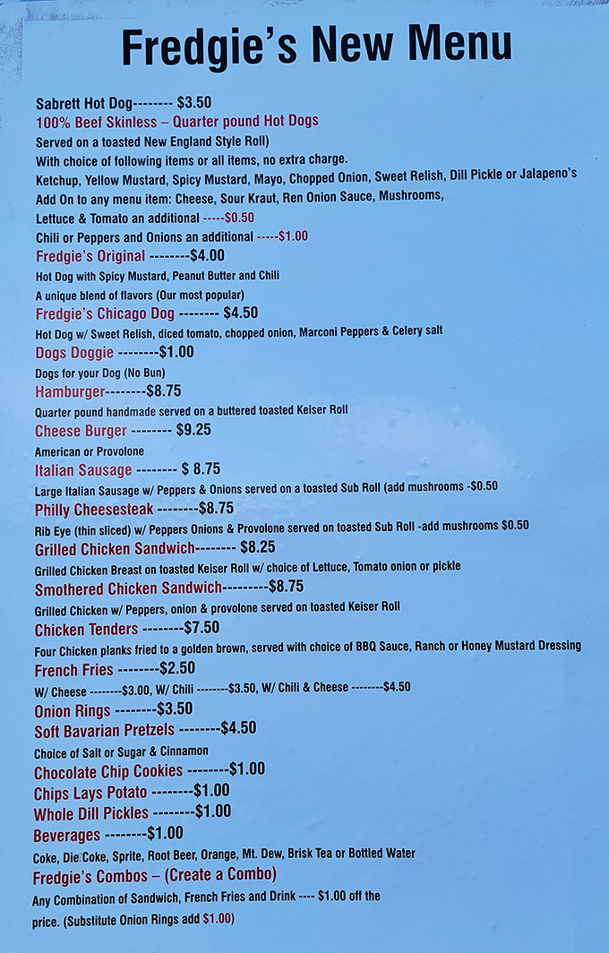 The menu that launched a thousand cravings. Fredgie's Original with peanut butter and chili might sound crazy until you try it.