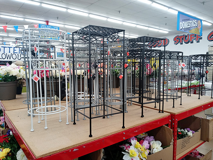 Like sentinels of savings, these metal display stands await their seasonal flowers and plants, standing ready to transform someone's garden without wilting their wallet.