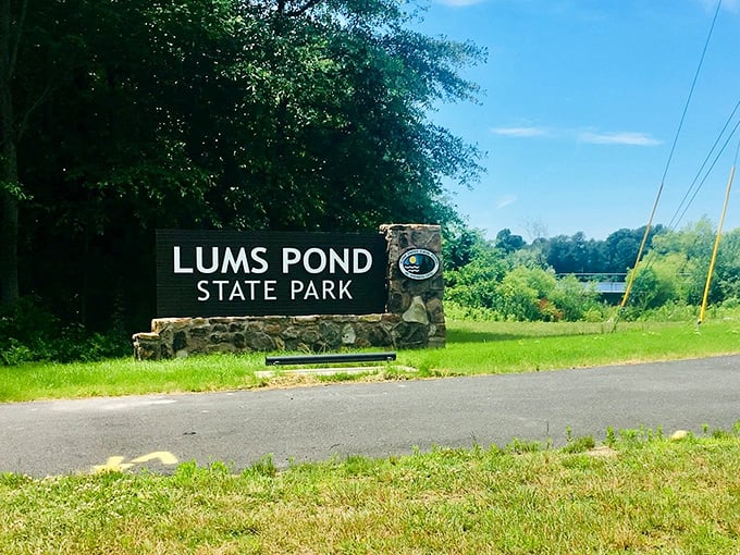 The gateway to adventure doesn't need neon lights. This stone and wood entrance sign promises exactly what it delivers&mdash;pure outdoor bliss.