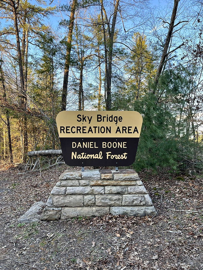 Welcome to paradise, Kentucky-style! This unassuming entrance sign marks the gateway to one of the East's most spectacular natural wonders.