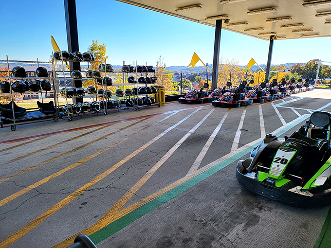 Sleek go-karts await their next drivers at the starting grid. That moment of anticipation before the flag drops is pure adrenaline in suspended animation.