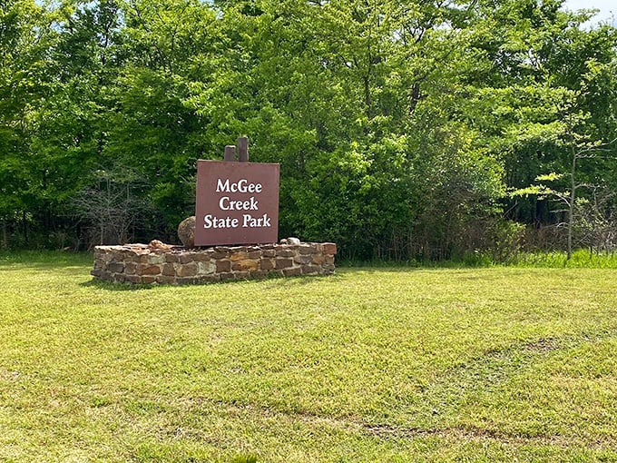 The welcoming stone-based entrance sign stands as a humble gatekeeper to 2,000 acres of Oklahoma wilderness waiting to be explored.