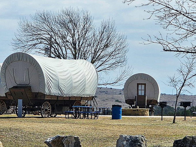 Pioneering in comfort! These covered wagon accommodations let you experience frontier life minus the dysentery and plus indoor plumbing.