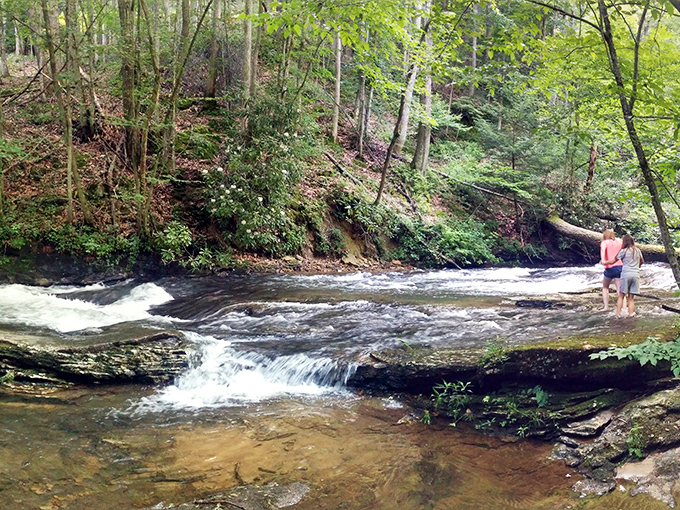 Two visitors contemplating life's big questions: "Should we wade in?" and "Why didn't we bring our swimsuits?" Classic summer dilemma at Holly River.