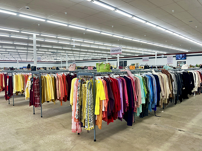 A rainbow of possibilities awaits in the women's section. Remember when color-coding was just for elementary school? Here, it's the secret to thrifting success.