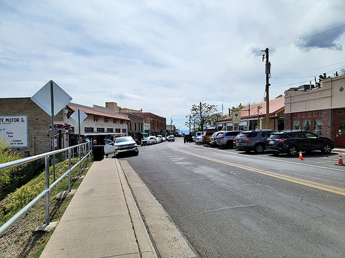 Downtown Jerome's sloping streets tell you gravity is merely a suggestion here, much like parking regulations on busy weekends.