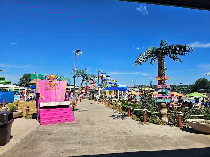 Colorful water slides twist and turn against the clear blue sky, promising the kind of adrenaline rush that makes you temporarily forget your mortgage payments. 