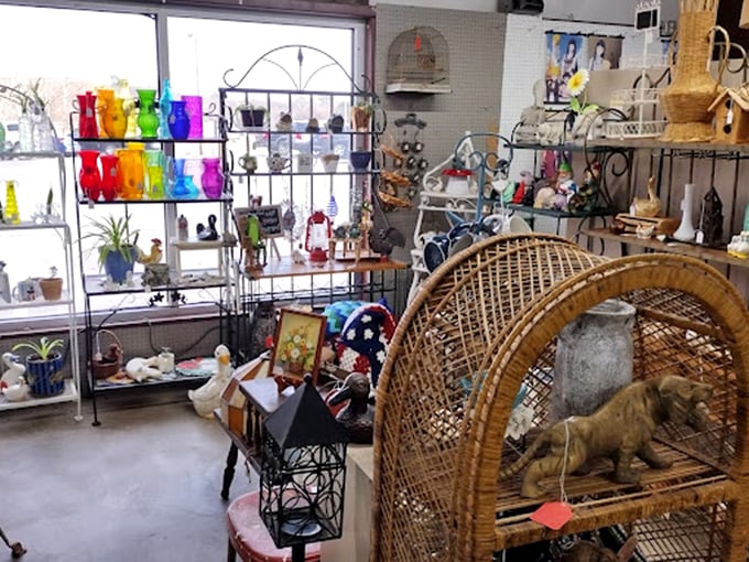 A rainbow of vintage glassware catches the light, while a wicker menagerie stands guard. Every shelf tells a different story waiting to be discovered.