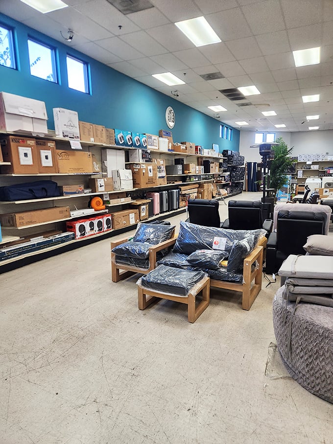 Furniture paradise awaits – where living room dreams come true without the nightmare prices. Even the blue walls seem to whisper, "Come save with us."