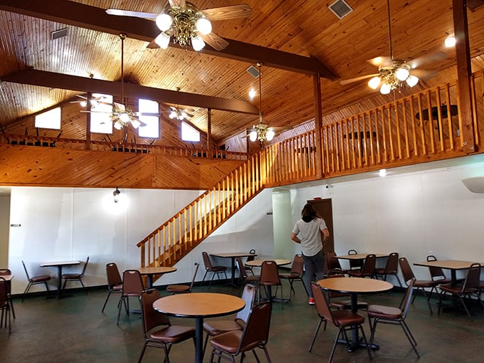 Rustic wooden beams and a lofted ceiling create the perfect backdrop for pie contemplation. Simplicity at its most inviting.