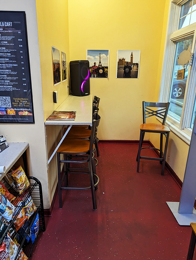 Cozy doesn't begin to describe it. This little nook with bright yellow walls offers just enough space to perch while waiting for your smoky treasures.